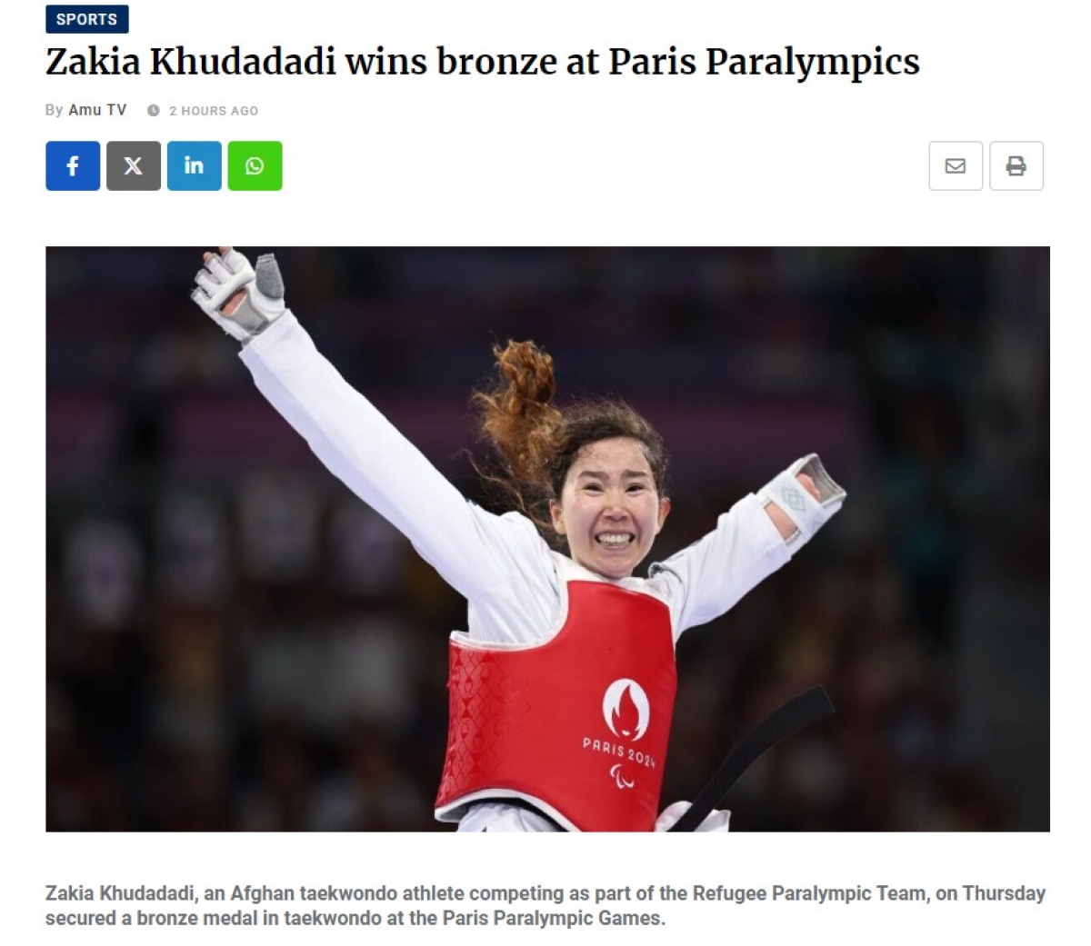 ZAKIA KHUDADADI WINS BRONZ MEDAL AT THE PARIS OLYMPIC - HOME - EMBASSY ...